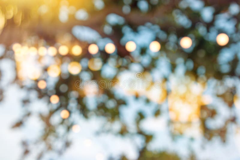 Blurred Bokeh Light on Sunset with Yellow String Lights Decor in Beach ...