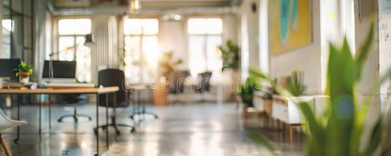 A Blurred Bright Office Background with Open Desks, Vibrant Artwork ...