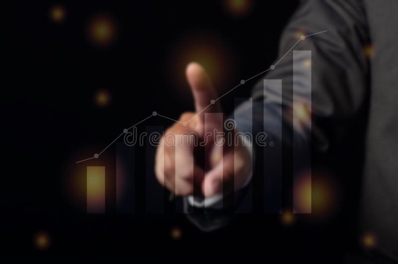 Blurred Business Index Finger Press Virtual Screen with Bar Chart Stock ...
