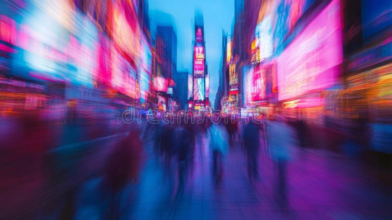 Blurred City Street at Night with Bright Neon Lights Stock Illustration ...
