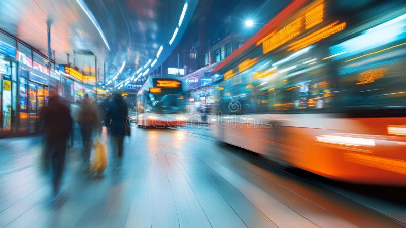 Blurred Cityscape with a Passing Bus at Night Stock Illustration ...