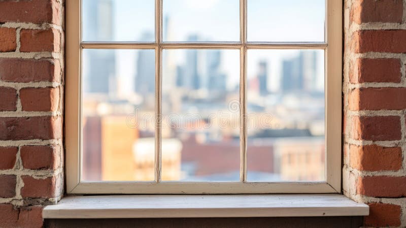Cityscape Glimpsed through Weathered Red Brick Window, Capturing Urban ...