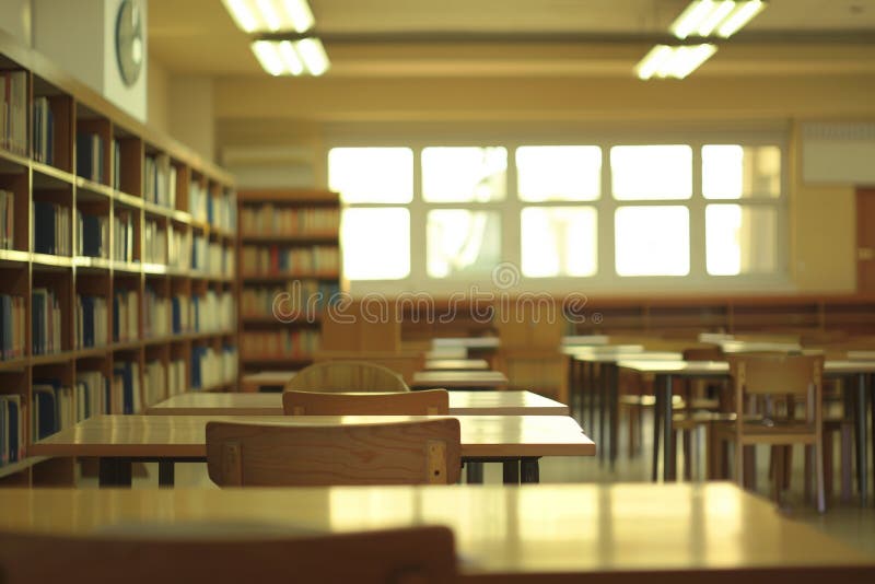 Blurred Classroom with Bookshelves Based on Defocussed Effect Abstract ...