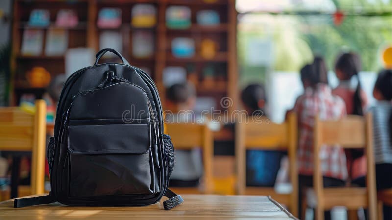 Blurred Classroom Scene with Kids and School Backpack on Table ...