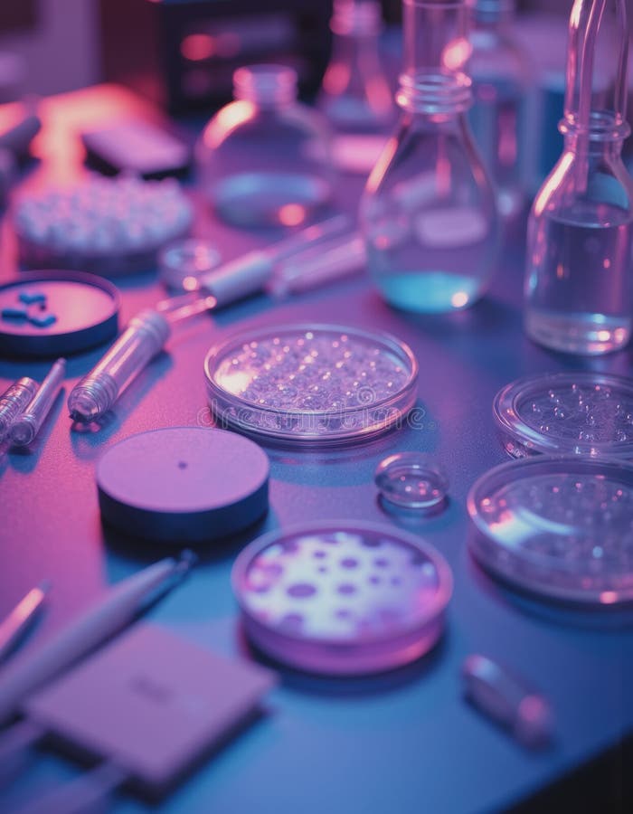 Blurred Clinic Lab Benches with a Gentle Violet Gradient Background ...