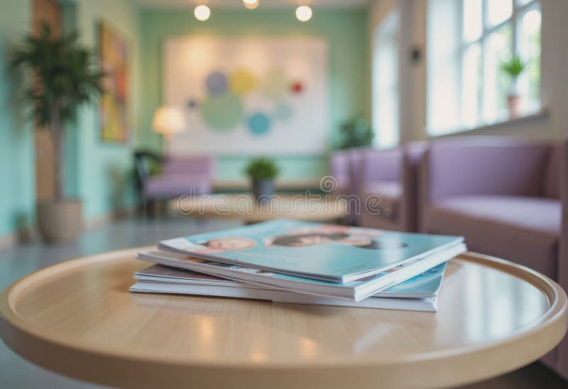 Blurred Clinic Waiting Room with Pastel Lights and Magazines on a Table ...
