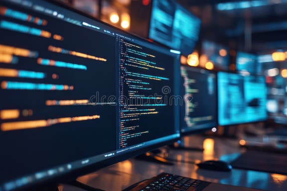 Blurred Coding Workspace with Screens and Code Stock Photo - Image of ...