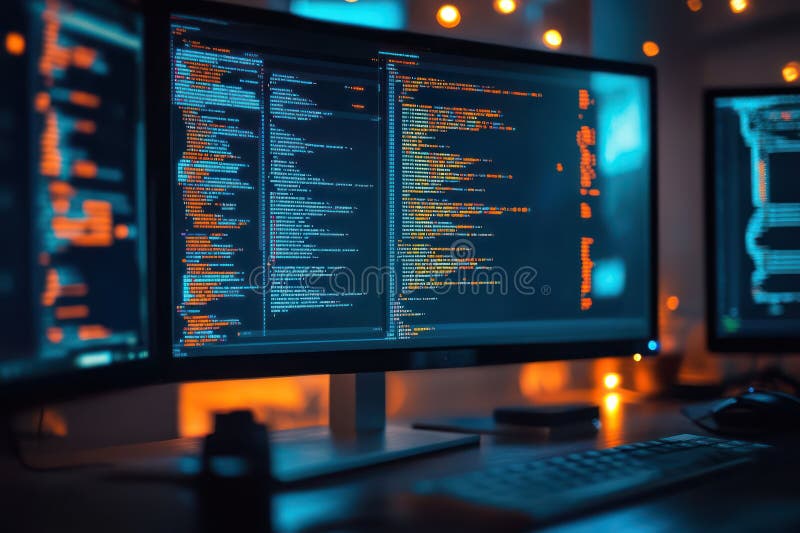 Blurred Coding Workspace with Screens and Code Stock Image - Image of ...