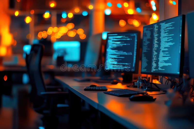 Blurred Coding Workspace with Screens and Code Stock Image - Image of data, interface: 378700737
