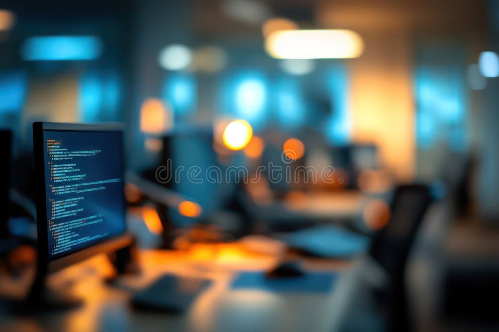 Blurred Coding Workspace with Screens and Code Stock Photo - Image of ...