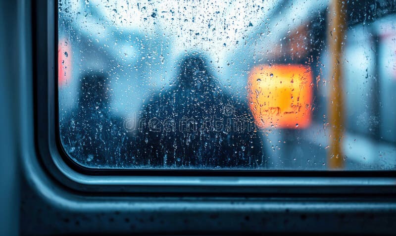 Raindrops Streak a Train Window, Blurring Commuters and City Lights on a Dark, Moody Day. Stock ...