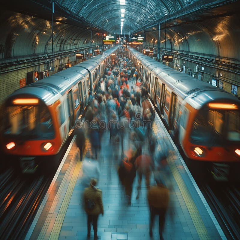 Passengers Walking between Subway Trains in Underground Station Stock ...