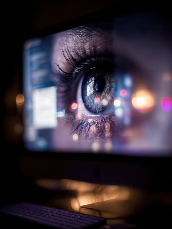 Blurred Computer Screen Displaying Eye Strain Message in Low Light ...