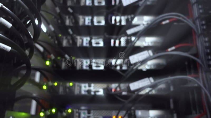 Blurred Computers Data Center. Many Cables Moving Camera Server Rack ...