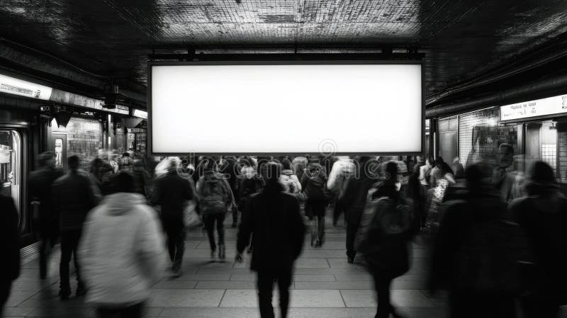 Blurred Crowd Walking Past Blank Billboard in City Underpass Stock ...