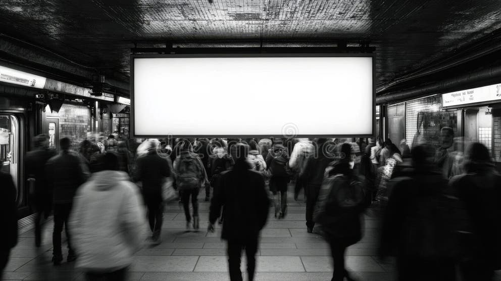 Blurred Crowd Walking Past Blank Billboard in City Underpass Stock ...