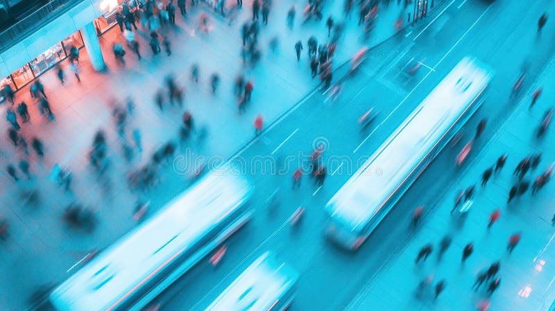 Blurred Crowds Navigate Bustling Bus Terminals while Vehicles Move ...