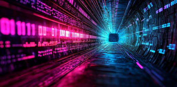A Blurred Cyberspace Backdrop Displays a Glowing Digital Binary Code ...