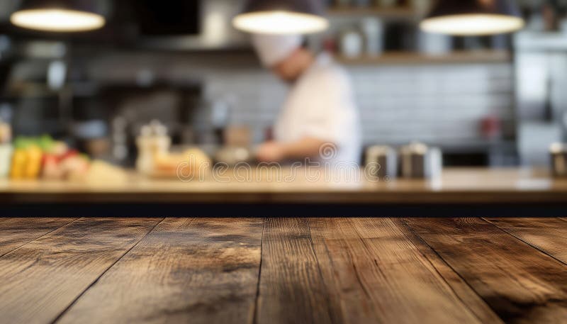 Blurred Defocused Chef Cooking in Restaurant Kitchen on Empty Wooden ...