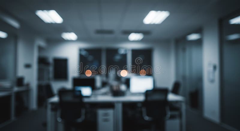 Blurred Empty Office at Night with Desk and Computer Screens Stock ...