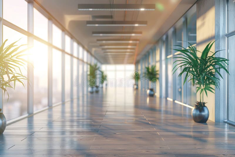 Blurred Empty Open Space Office with Panoramic Windows and Beautiful ...