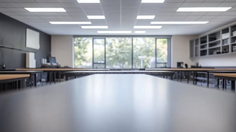 Blurred Empty Science Laboratory Classroom Interior with Long Tables ...