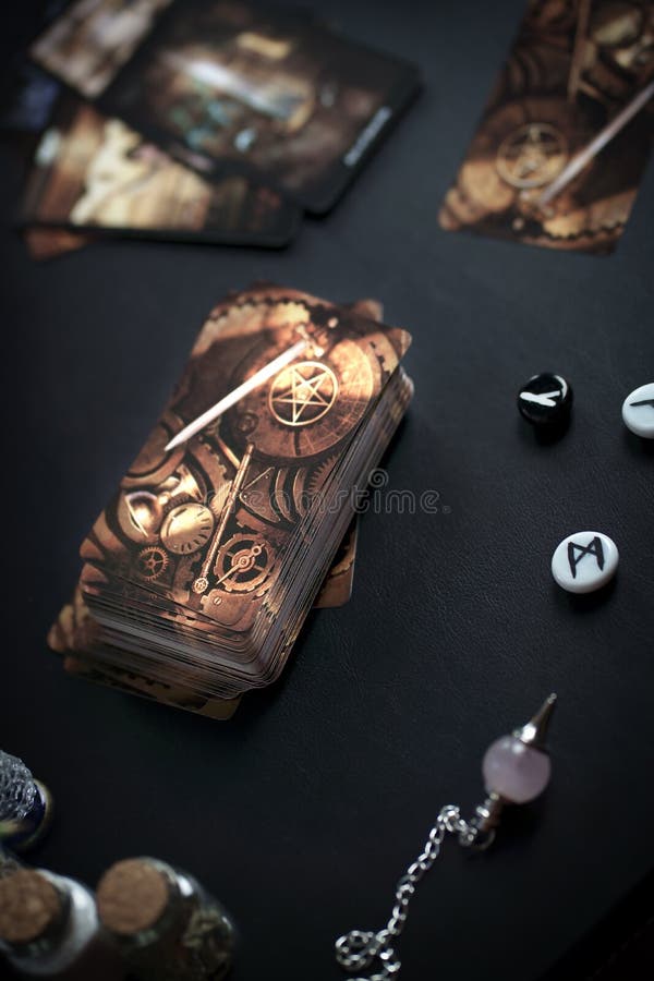Blurred Esoteric Magic Objects Tarot Cards on Witch Table Altar Stock ...
