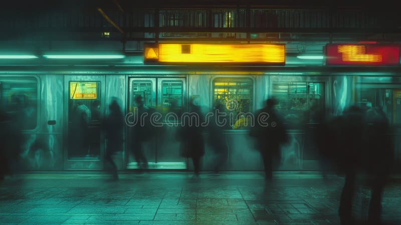 Blurred Figures at Busy Night Subway Station with Neon Lights Stock ...
