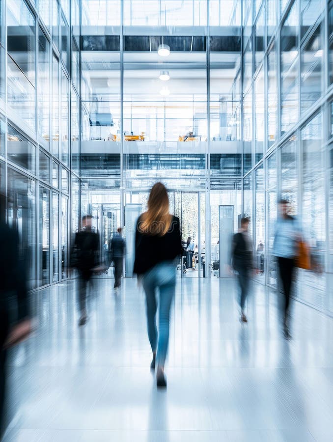 Blurred Figures Walk through a Modern Office Hallway with Glass Walls ...