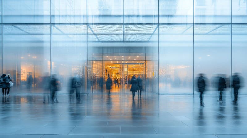 Blurred Figures Walking through a Glass Building Entrance Stock ...