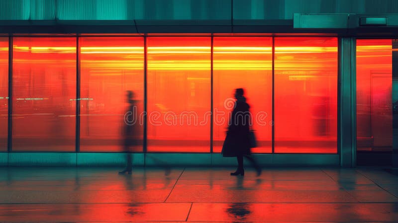 Blurred Figures Walking in Neon City Rain Stock Illustration ...