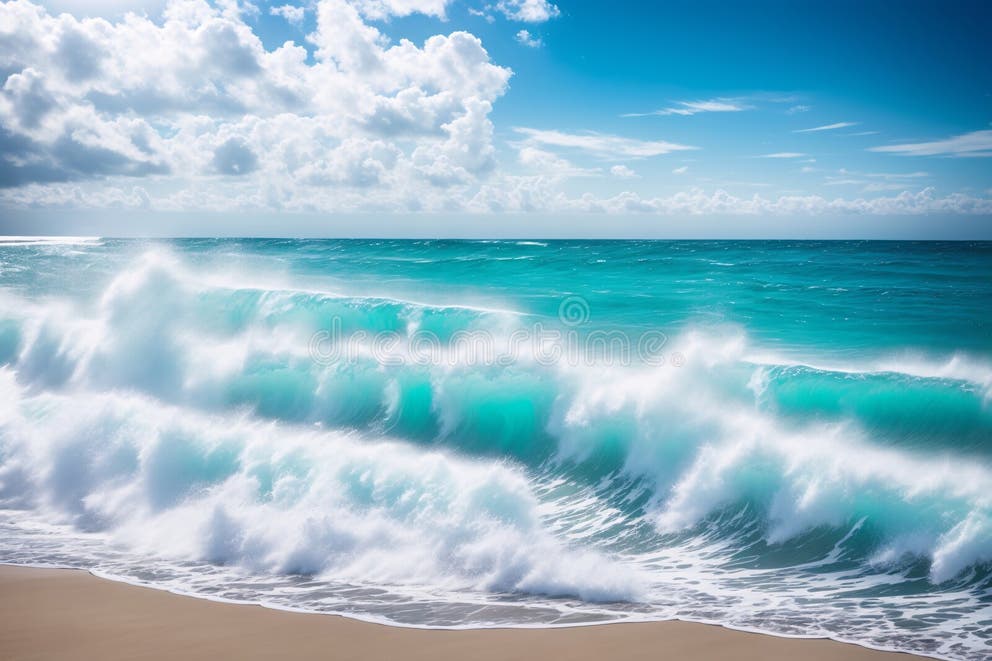 A Blurred and Focused Image of a Wave Hitting the Bea. Stock ...