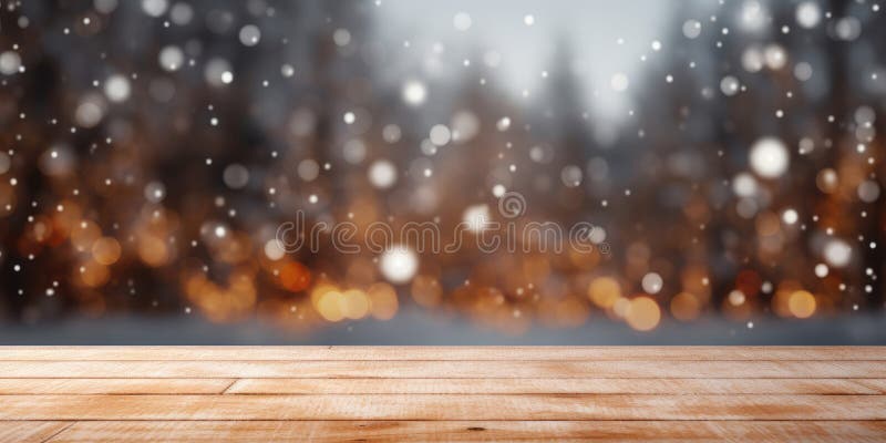 Blurred Glowing Christmas Lights Behind an Empty Wooden Presentation ...