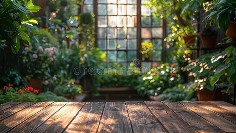 Blurred Greenery Background on Empty Wood Table in a Greenhouse Setting ...