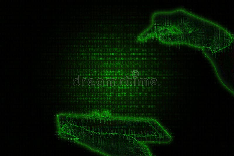 Blurred Hand Holding Phone and Hand Pointing To Space in Futuristic ...