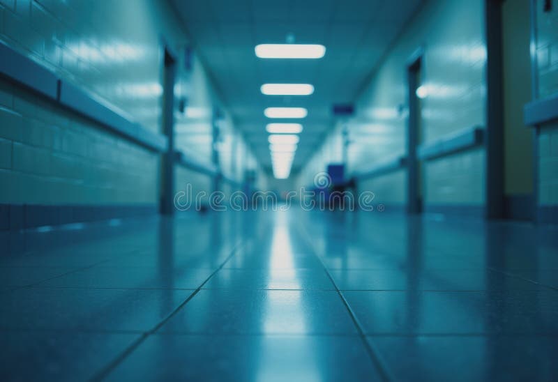 Blurred Hospital Corridor Illuminated by Blue Accent Lights Stock Photo ...