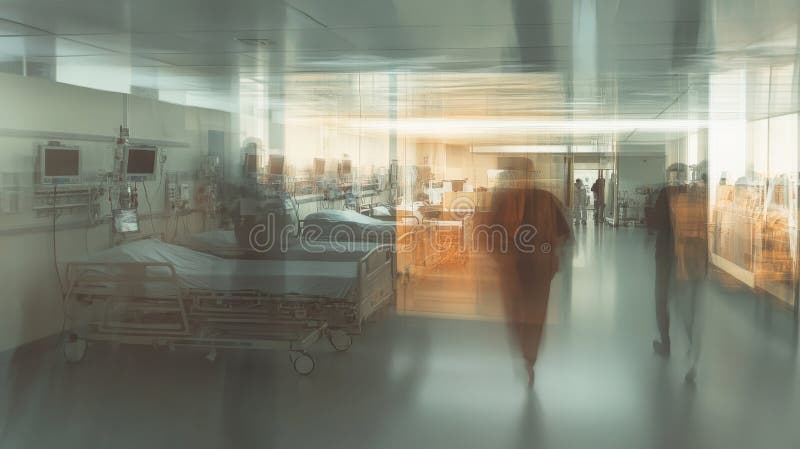 Blurred Hospital Ward with Figures in Motion and Dim Lighting Stock ...