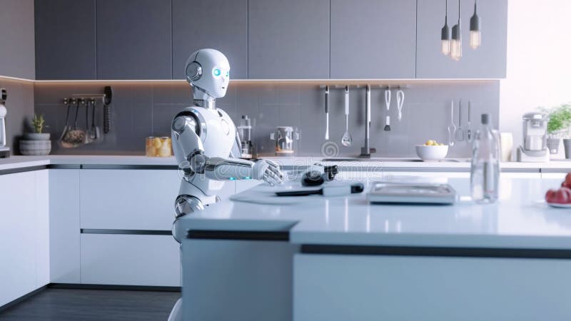 Blurred Humanoid Robot Working in the Kitchen, Artificial Intelligence ...