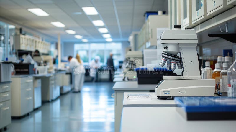 A Blurred Image of a Laboratory with a Microscope in the Foreground ...