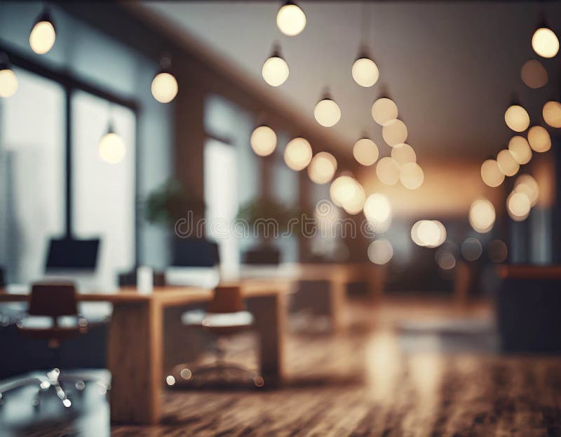 Blurred Image of a Modern Office Room, for Coworking with Multiple Work ...