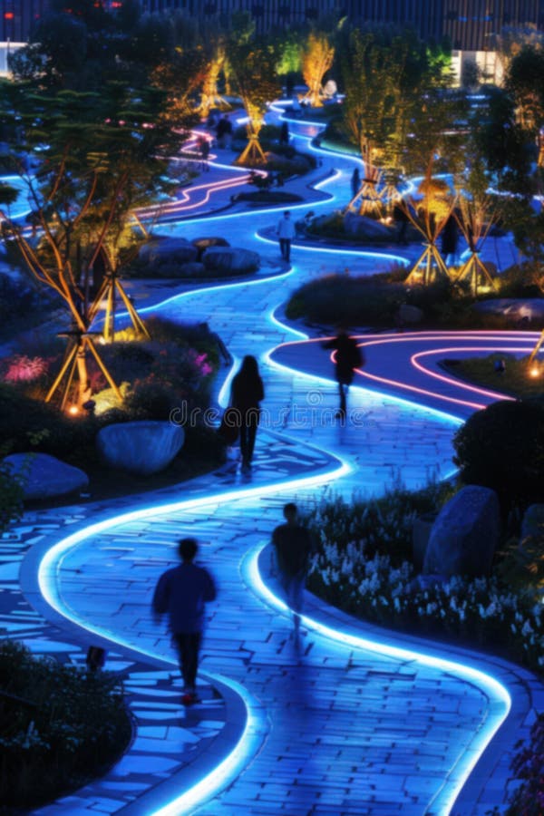 Blurred Image of People on Vibrant Lit Park Path. AI Generation Stock ...