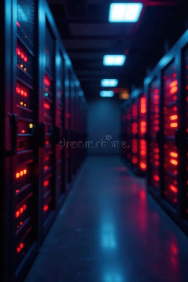 Blurred Image of Server Room with Flashing Lights Indicating System ...