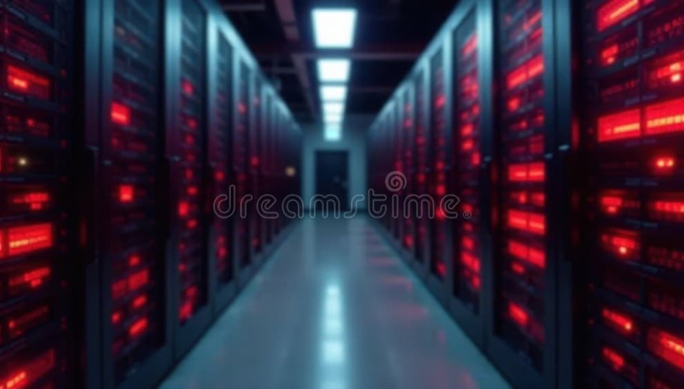 Blurred Image of a Server Room with Red Warning Lights Flashing System ...