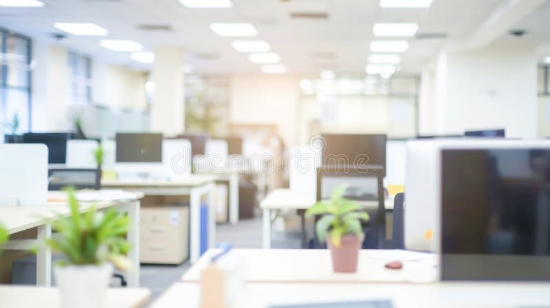 A Blurred Image of a White Office Cubicle Area with Partitions, Desks ...