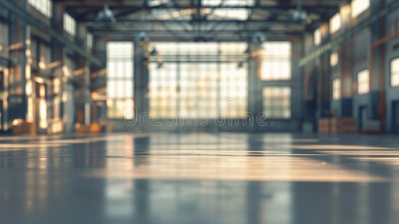 Blurred Industrial Interior of a Large Warehouse. Empty Building with ...