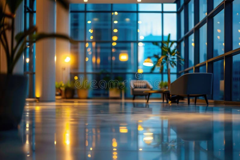 Blurred Interior of a Modern Office Building Natural Night Light. Stock ...
