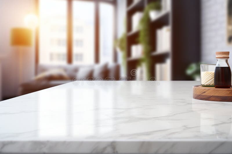 On a Blurred Kitchen Backdrop, a Marble Counter Table Top Offers a ...