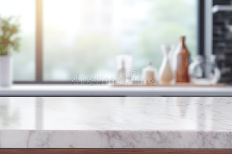 On a Blurred Kitchen Backdrop, a Marble Counter Table Top Offers a ...