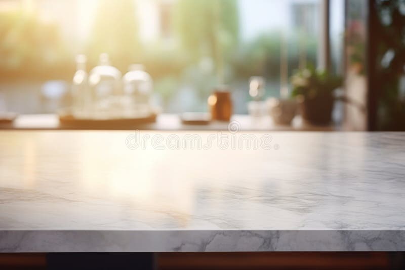 On a Blurred Kitchen Backdrop, a Marble Counter Table Top Offers a ...