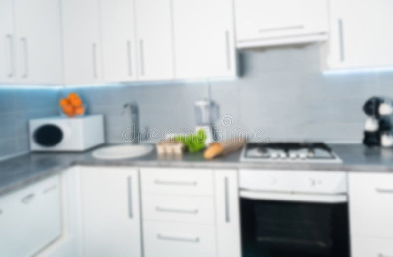 Blurred Kitchen Countertop in Light Modern Kitchen Stock Photo - Image ...